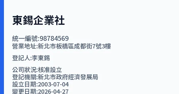 東錫企業社的照片-統編 98784569(新北市) 公司登記資料與營業項目詳細圖表