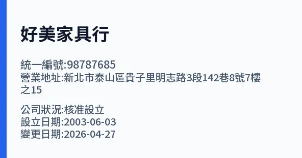 好美家具行的照片-統編 98787685(新北市) 公司登記資料與營業項目詳細圖表