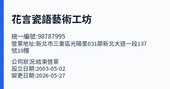 花言瓷語藝術工坊的照片-統編 98787995(新北市) 公司登記資料與營業項目詳細圖表