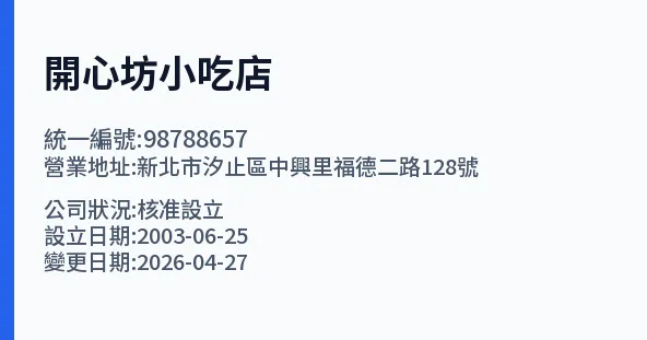 開心坊小吃店的照片-統編 98788657(新北市) 公司登記資料與營業項目詳細圖表