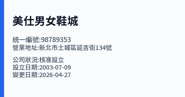 美仕男女鞋城的照片-統編 98789353(新北市) 公司登記資料與營業項目詳細圖表