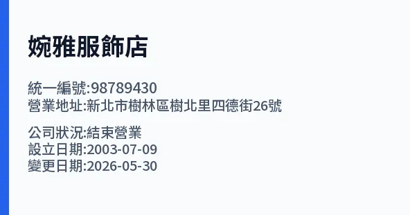 婉雅服飾店的照片-統編 98789430(新北市) 公司登記資料與營業項目詳細圖表