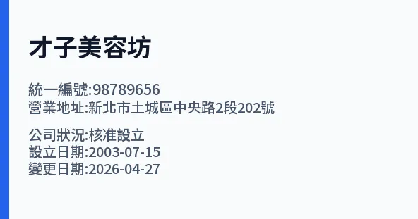 才子美容坊的照片-統編 98789656(新北市) 公司登記資料與營業項目詳細圖表