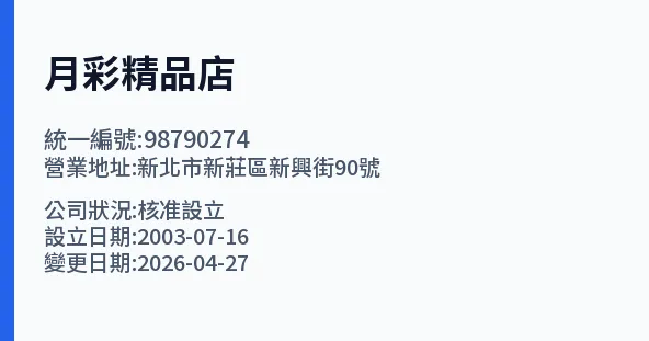 月彩精品店的照片-統編 98790274(新北市) 公司登記資料與營業項目詳細圖表