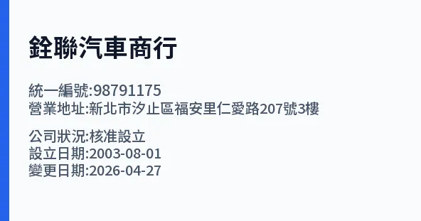 銓聯汽車商行的照片-統編 98791175(新北市) 公司登記資料與營業項目詳細圖表