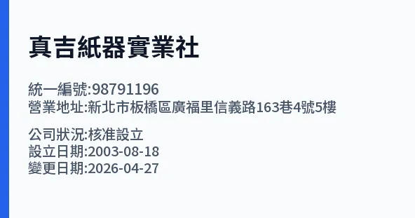真吉紙器實業社的照片-統編 98791196(新北市) 公司登記資料與營業項目詳細圖表