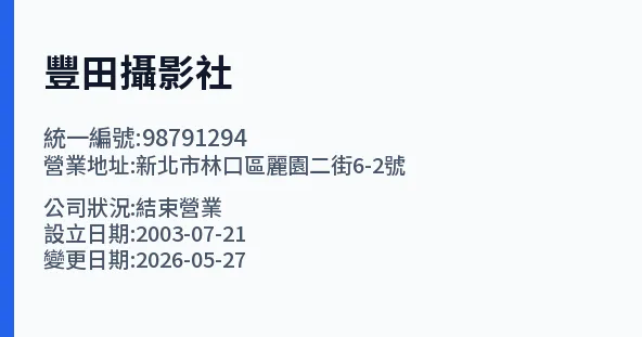 豐田攝影社的照片-統編 98791294(新北市) 公司登記資料與營業項目詳細圖表