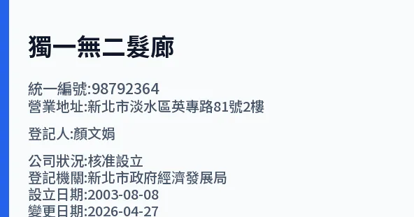 獨一無二髮廊的照片-統編 98792364(新北市) 公司登記資料與營業項目詳細圖表