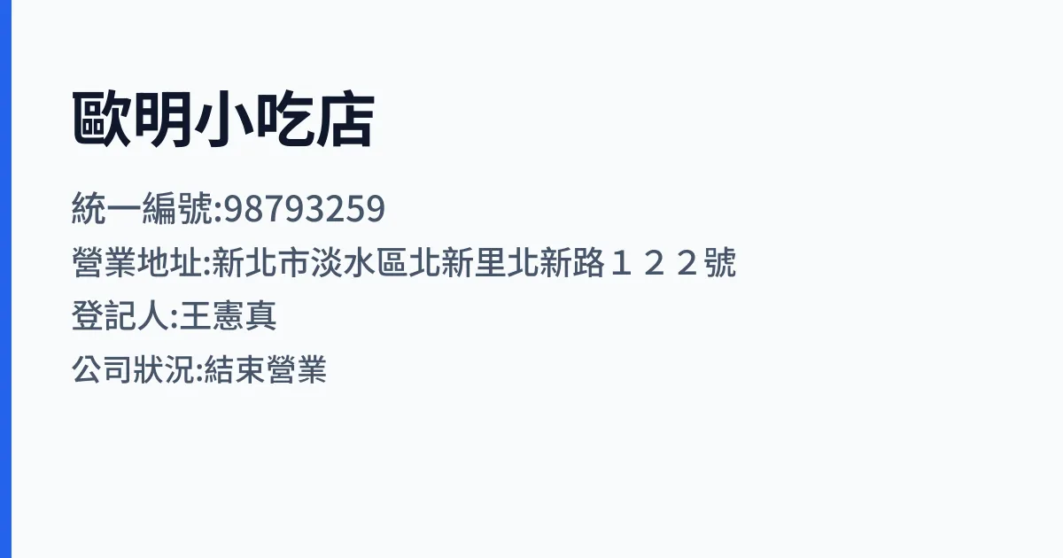 歐明小吃店 - 統編 98793259(新北市) 公司登記資料與營業項目詳細圖表