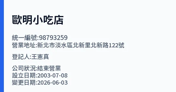 歐明小吃店的照片-統編 98793259(新北市) 公司登記資料與營業項目詳細圖表