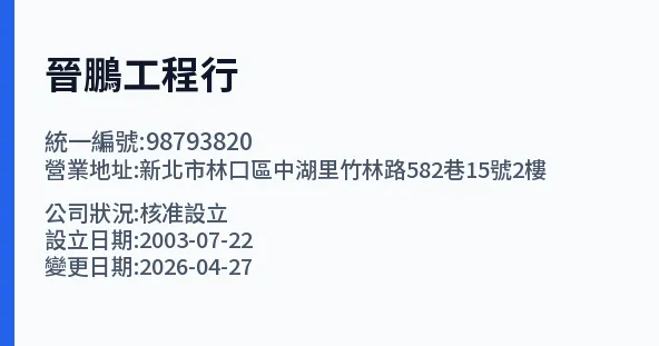 晉鵬工程行的照片-統編 98793820(新北市) 公司登記資料與營業項目詳細圖表