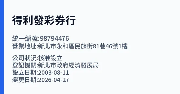 得利發彩券行的照片-統編 98794476(新北市) 公司登記資料與營業項目詳細圖表