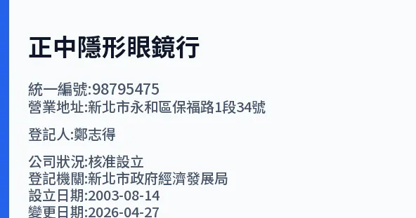 正中隱形眼鏡行的照片-統編 98795475(新北市) 公司登記資料與營業項目詳細圖表