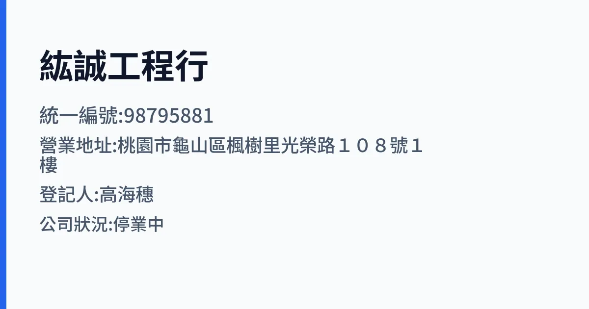 紘誠工程行 - 統編 98795881(桃園市) 公司登記資料與營業項目詳細圖表