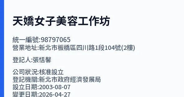 天嬌女子美容工作坊的照片-統編 98797065(新北市) 公司登記資料與營業項目詳細圖表