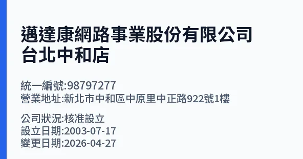 邁達康網路事業股份有限公司台北中和店的照片-統編 98797277(新北市) 公司登記資料與營業項目詳細圖表