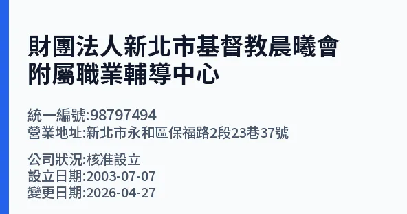 財團法人新北市基督教晨曦會附屬職業輔導中心的照片-統編 98797494(新北市) 公司登記資料與營業項目詳細圖表