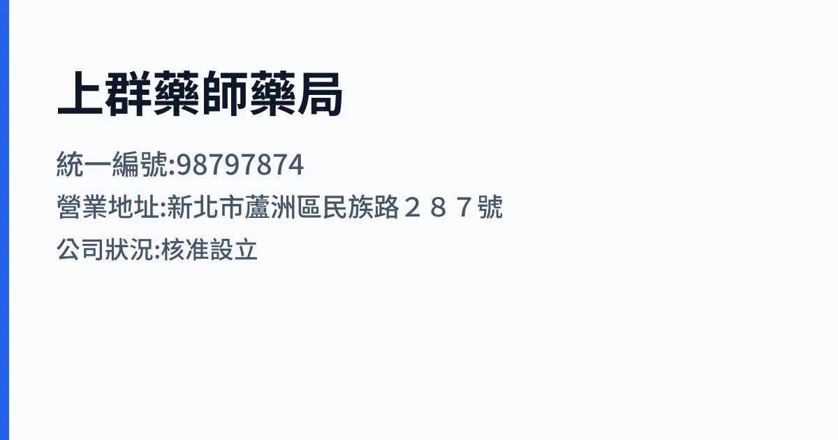 上群藥師藥局 - 統編 98797874(新北市) 公司登記資料與營業項目詳細圖表