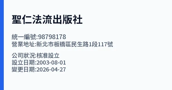 聖仁法流出版社的照片-統編 98798178(新北市) 公司登記資料與營業項目詳細圖表