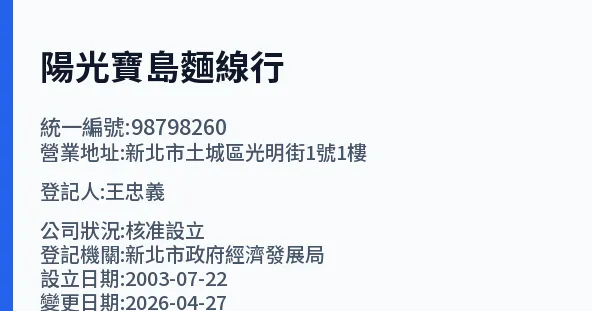 陽光寶島麵線行的照片-統編 98798260(新北市) 公司登記資料與營業項目詳細圖表