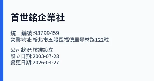 首世銘企業社的照片-統編 98799459(新北市) 公司登記資料與營業項目詳細圖表