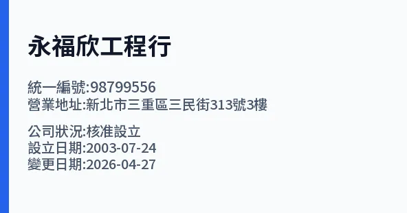 永福欣工程行的照片-統編 98799556(新北市) 公司登記資料與營業項目詳細圖表