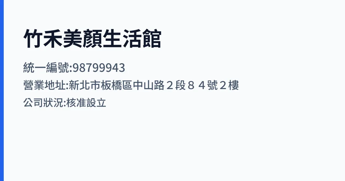 竹禾美顏生活館 - 統編 98799943(新北市) 公司登記資料與營業項目詳細圖表