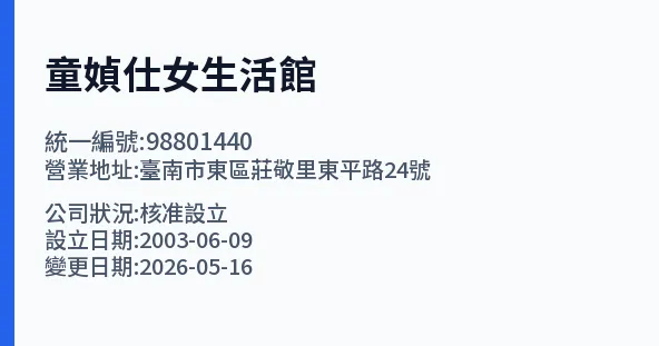 童媜仕女生活館的照片-統編 98801440(臺南市) 公司登記資料與營業項目詳細圖表