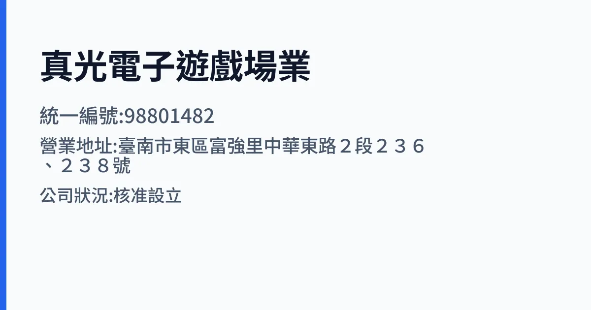 真光電子遊戲場業 - 統編 98801482(臺南市) 公司登記資料與營業項目詳細圖表
