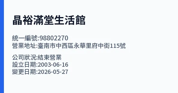 晶裕滿堂生活館的照片-統編 98802270(臺南市) 公司登記資料與營業項目詳細圖表