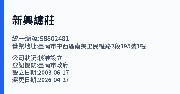 新興繡莊的照片-統編 98802481(臺南市) 公司登記資料與營業項目詳細圖表