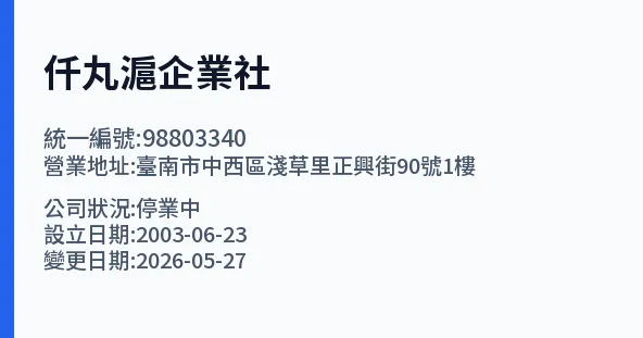 仟丸滬企業社的照片-統編 98803340(臺南市) 公司登記資料與營業項目詳細圖表