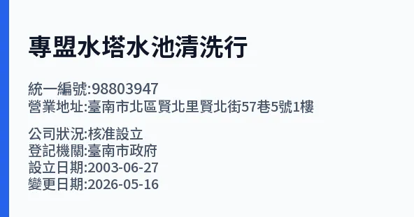 專盟水塔水池清洗行的照片-統編 98803947(臺南市) 公司登記資料與營業項目詳細圖表