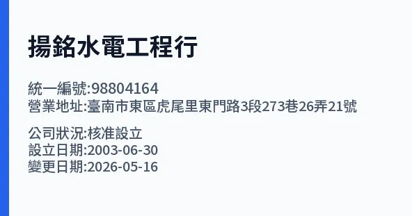 揚銘水電工程行的照片-統編 98804164(臺南市) 公司登記資料與營業項目詳細圖表