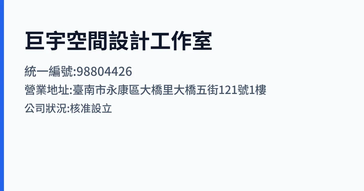 巨宇空間設計工作室 - 統編 98804426(臺南市) 公司登記資料與營業項目詳細圖表