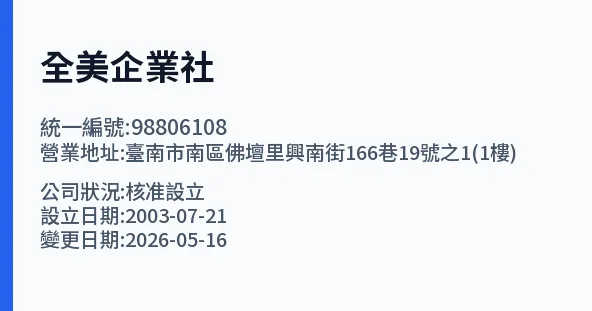 全美企業社的照片-統編 98806108(臺南市) 公司登記資料與營業項目詳細圖表
