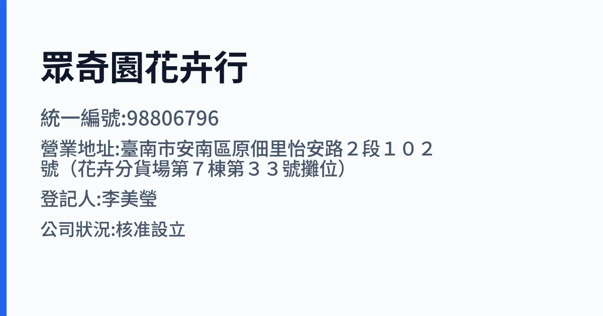 眾奇園花卉行 - 統編 98806796(臺南市) 公司登記資料與營業項目詳細圖表