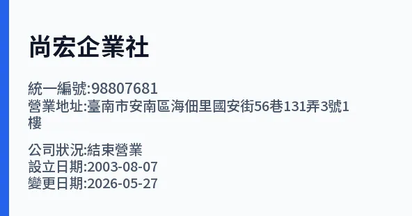 尚宏企業社的照片-統編 98807681(臺南市) 公司登記資料與營業項目詳細圖表