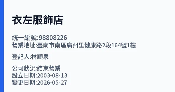 衣左服飾店的照片-統編 98808226(臺南市) 公司登記資料與營業項目詳細圖表