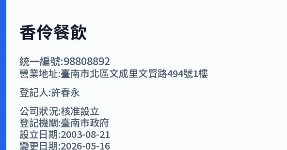 香伶餐飲的照片-統編 98808892(臺南市) 公司登記資料與營業項目詳細圖表