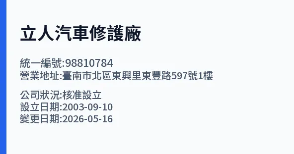 立人汽車修護廠的照片-統編 98810784(臺南市) 公司登記資料與營業項目詳細圖表