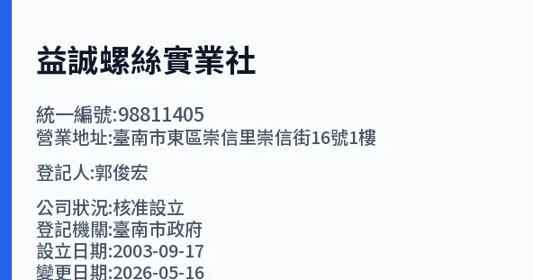 益誠螺絲實業社的照片-統編 98811405(臺南市) 公司登記資料與營業項目詳細圖表