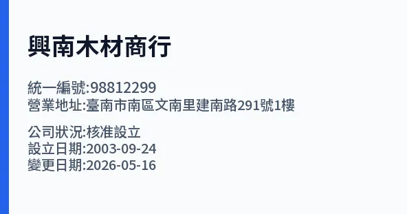 興南木材商行的照片-統編 98812299(臺南市) 公司登記資料與營業項目詳細圖表