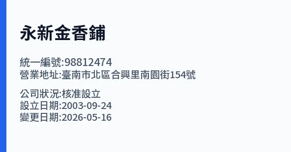 永新金香鋪的照片-統編 98812474(臺南市) 公司登記資料與營業項目詳細圖表