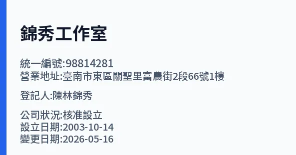錦秀工作室的照片-統編 98814281(臺南市) 公司登記資料與營業項目詳細圖表