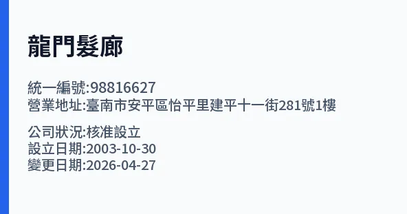 龍門髮廊的照片-統編 98816627(臺南市) 公司登記資料與營業項目詳細圖表