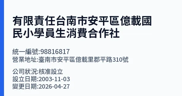 有限責任台南市安平區億載國民小學員生消費合作社的照片-統編 98816817(臺南市) 公司登記資料與營業項目詳細圖表