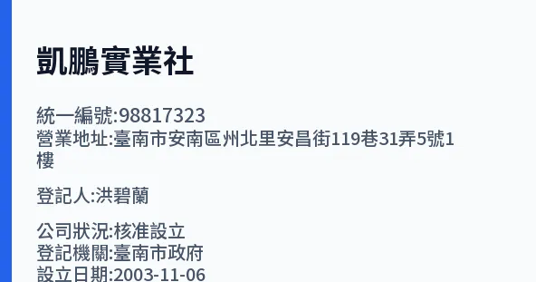 凱鵬實業社的照片-統編 98817323(臺南市) 公司登記資料與營業項目詳細圖表