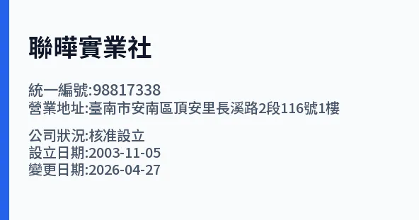 聯曄實業社的照片-統編 98817338(臺南市) 公司登記資料與營業項目詳細圖表