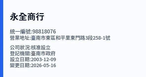 永全商行的照片-統編 98818076(臺南市) 公司登記資料與營業項目詳細圖表